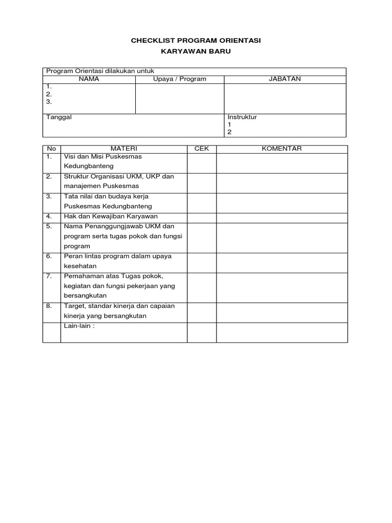 Checklist Orientasi Karyawan Baru Puskesmas Pdf