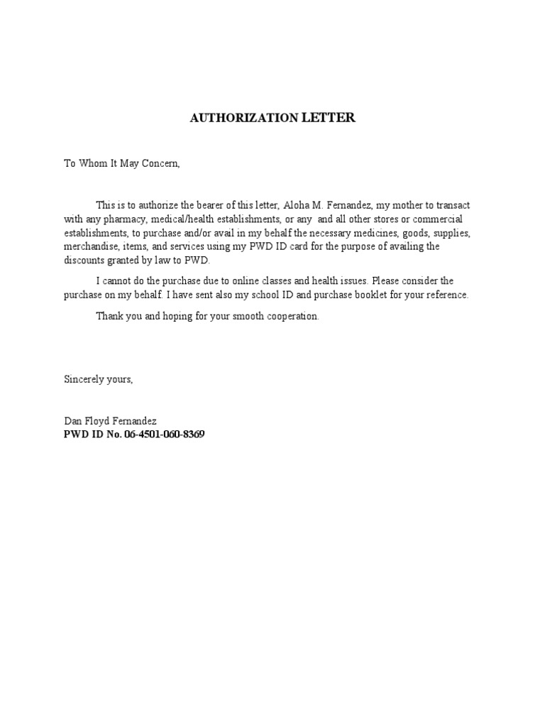 Authorization Letter for PWD Discounts | PDF | Lifestyle