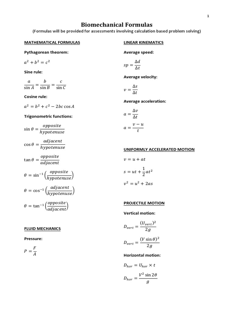 Biomechanical Formula Sheet | PDF | Trigonometric Functions | Sine