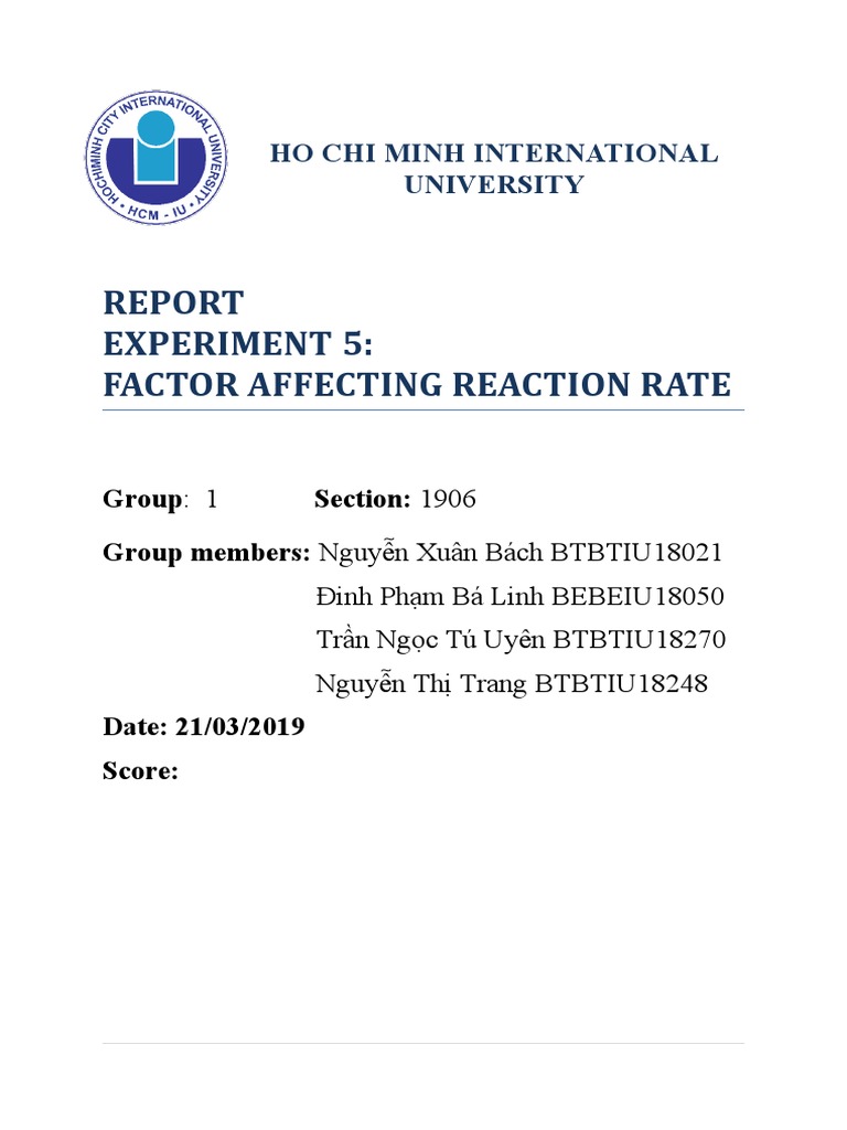 Experiment 5: Factor Affecting Reaction Rate: Ho Chi Minh International ...