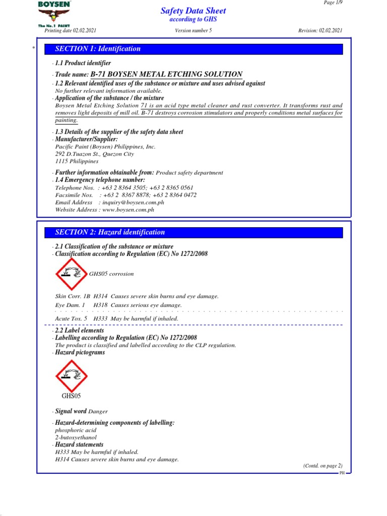 Boysen B-71 Metal Etching Solution Guide | PDF | Toxicity | Dangerous Goods