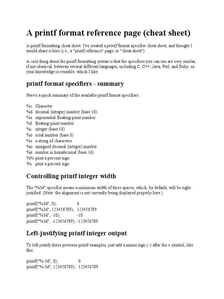 A Printf Format Reference Page Cheat Sheet Pdf Encodings Notation 