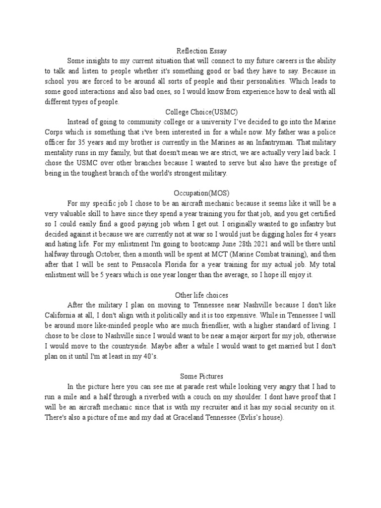 Reflection Essay | PDF | United States Marine Corps | Military Of The ...