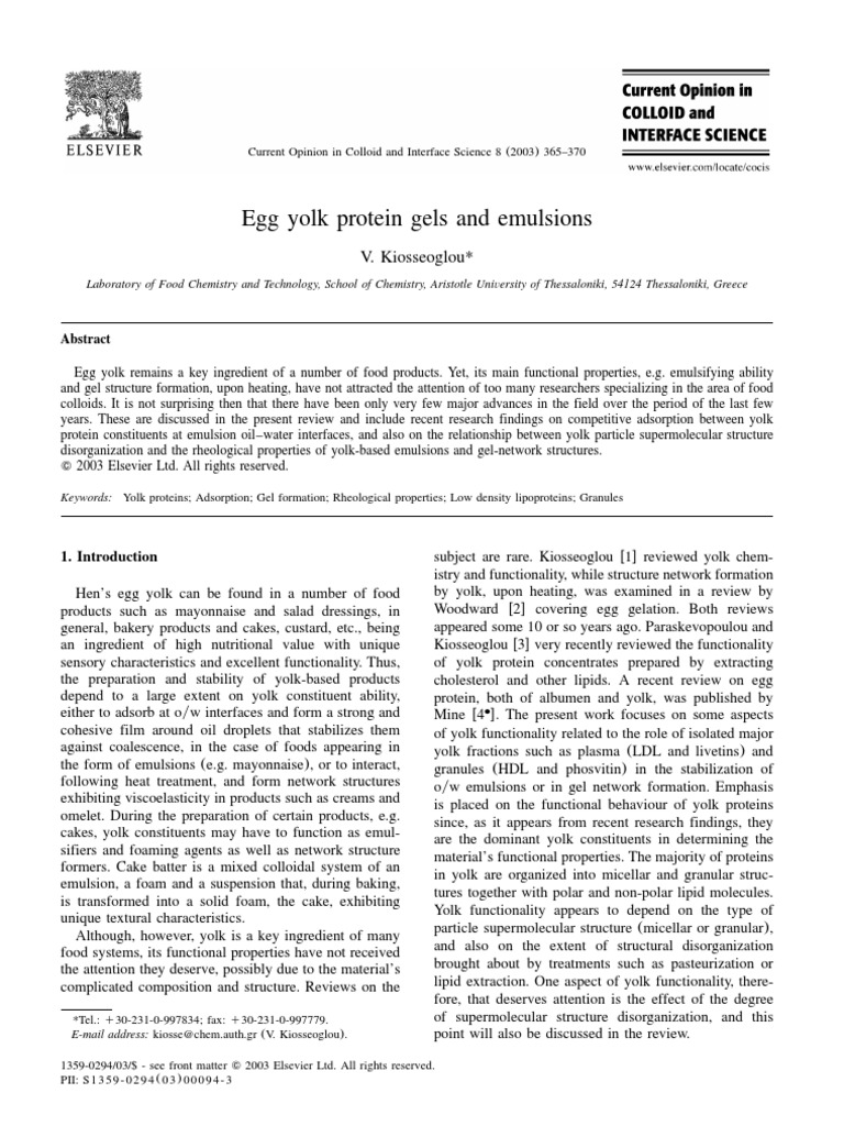 Egg Yolk Proteins Gels and Emulsions | PDF | Emulsion | Adsorption