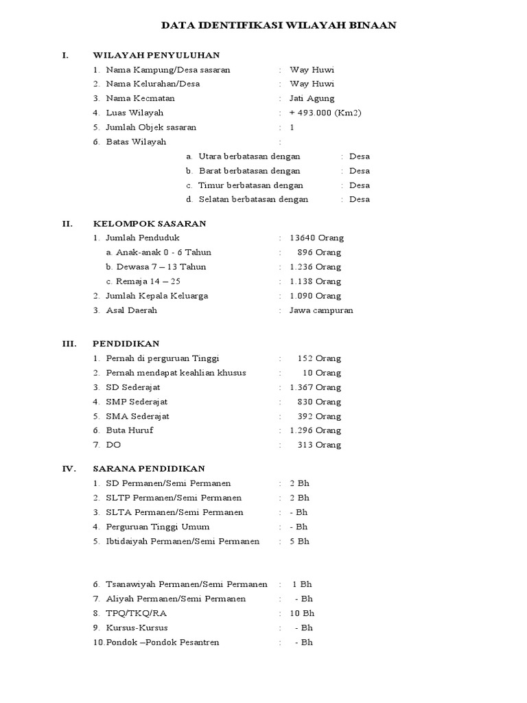 DATA IDENTIFIKASI WILAYAH BINAAN Desa Way Huwi | PDF