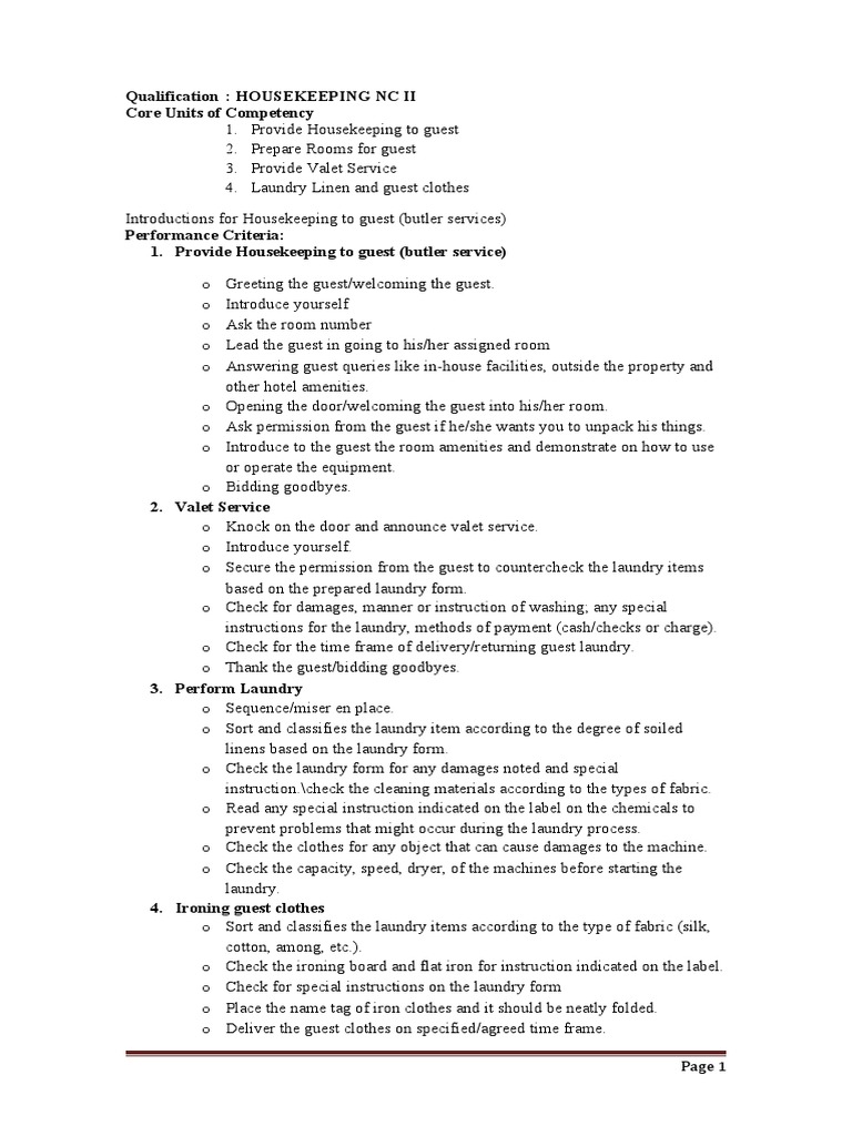 Qualification: HOUSEKEEPING NC II Core Units of Competency | PDF ...