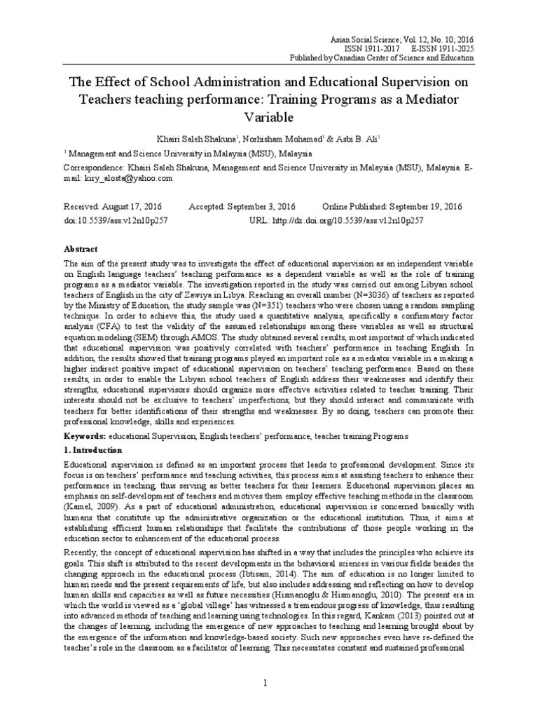 The Effect Of School Administration And Educational Supervision On