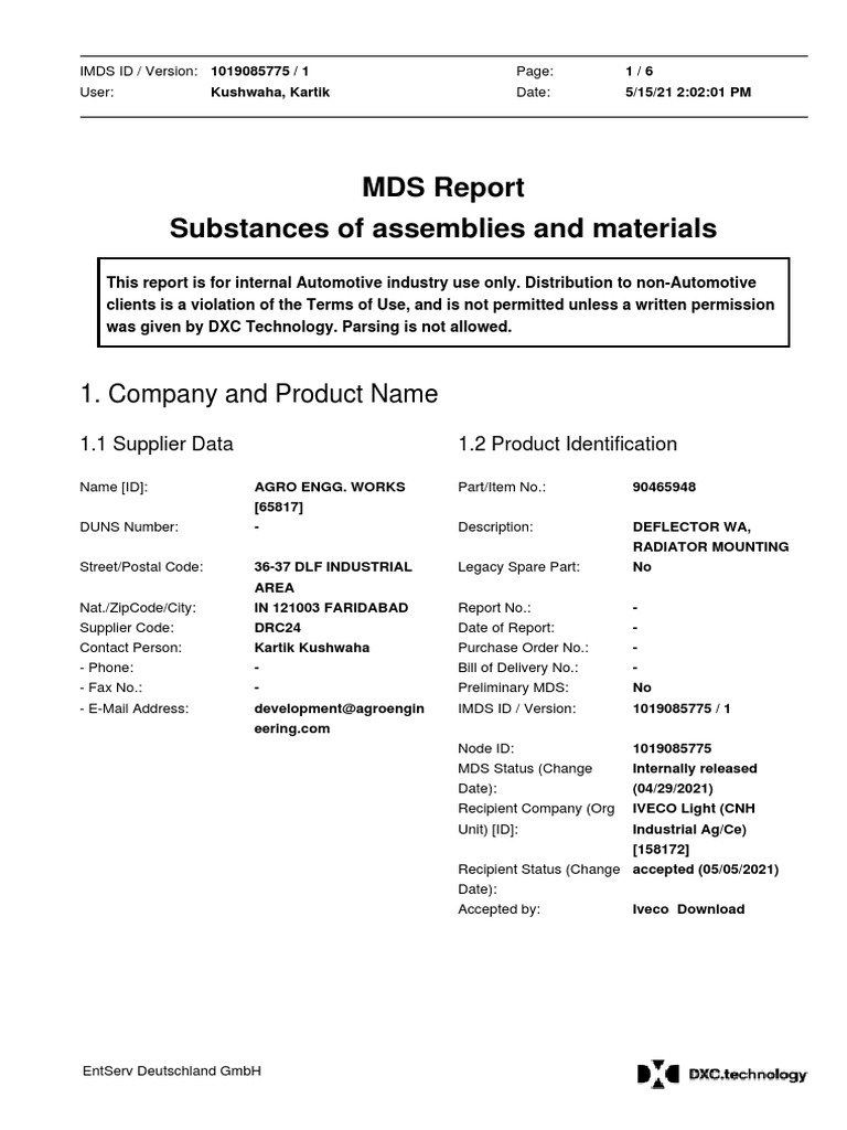 MDS Report Substances of Assemblies and Materials: 1. Company and ...