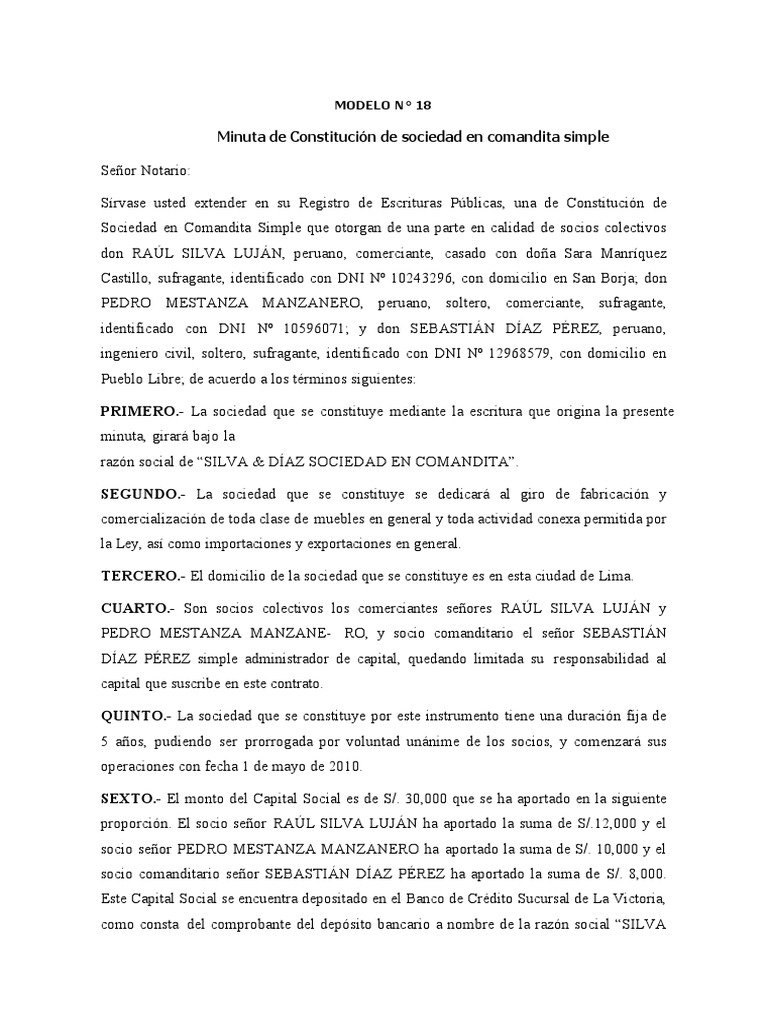 Modelo N 18 - Minuta de Constitución de Sociedades en Comandita Simple | PDF | Sociedad de ...