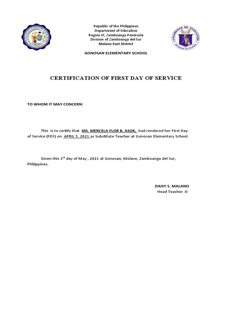 Gonosan Elementary School FDS Certificate | PDF | Wellness