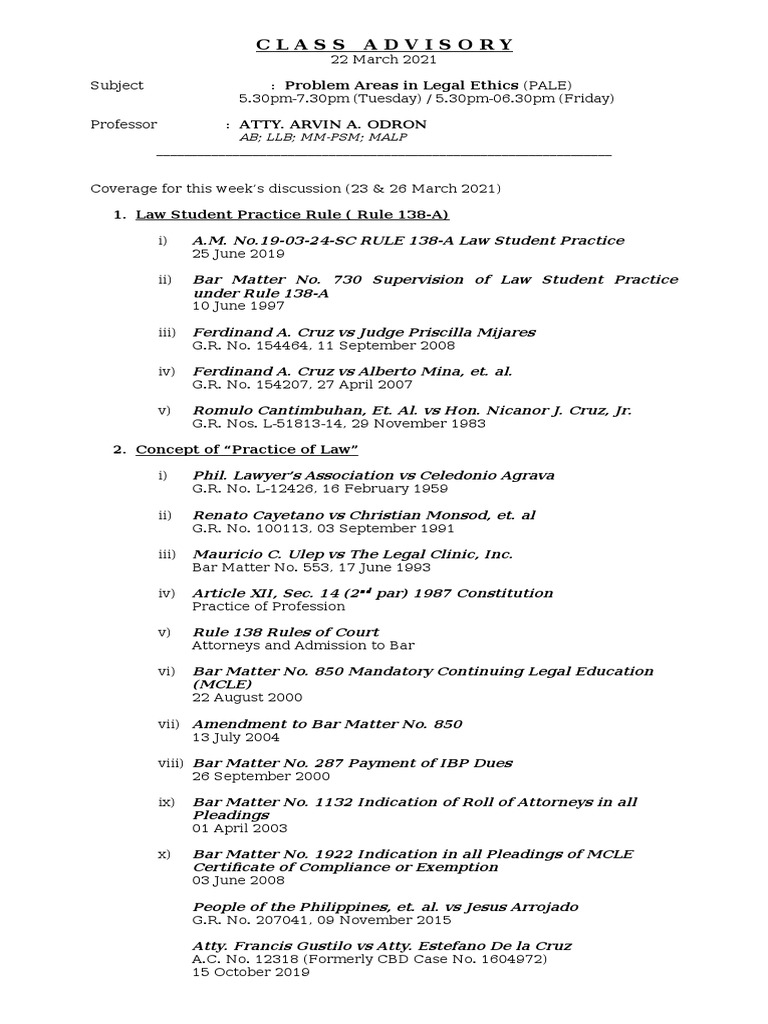 Class Advisory: 1. Law Student Practice Rule (Rule 138-A) | PDF | Legal ...
