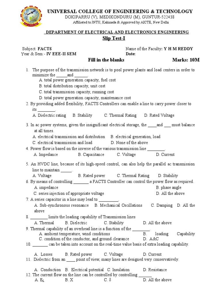 FACTS Slip Test for EEE Students | PDF | Electric Power Transmission ...