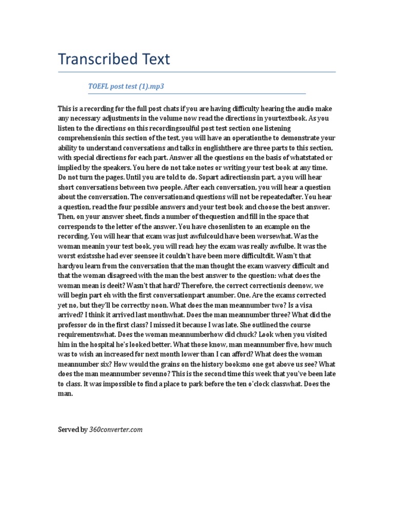 Transcribed Text: TOEFL Post Test (1) .mp3 | Download Free PDF | Test ...