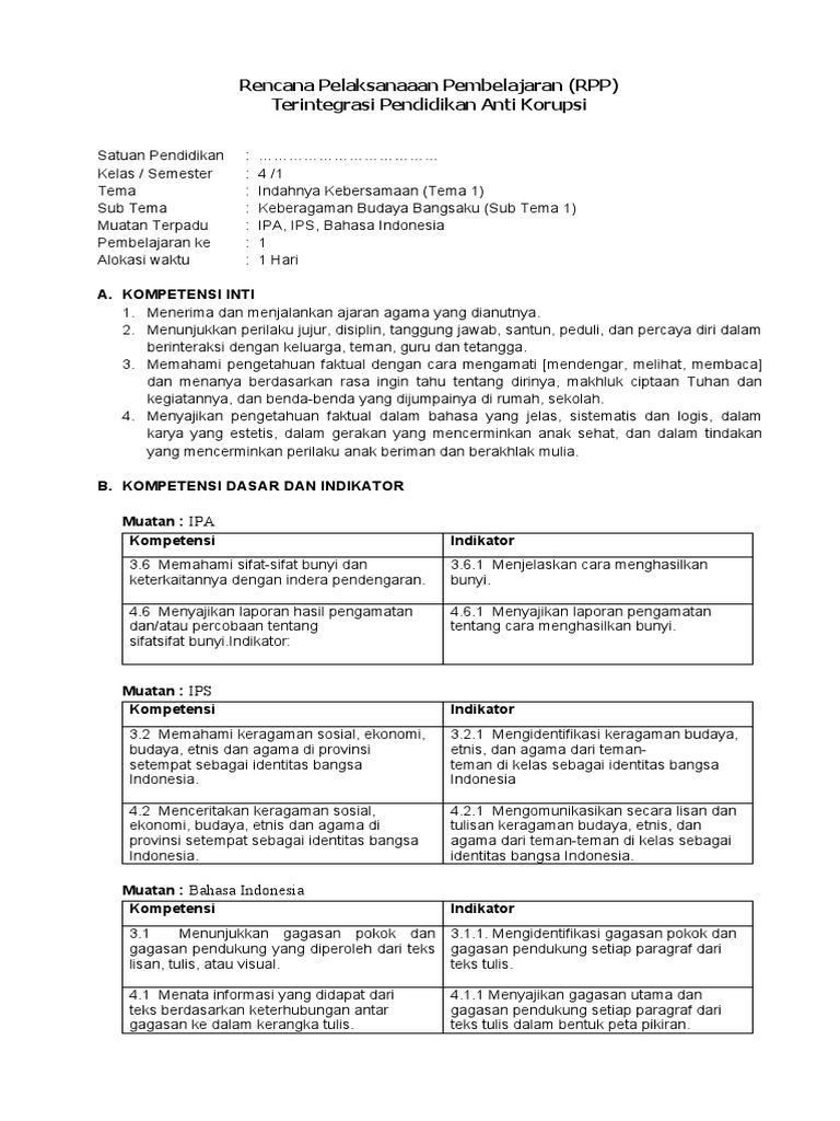 RPP Integrasi PAK Kelas 4 | PDF