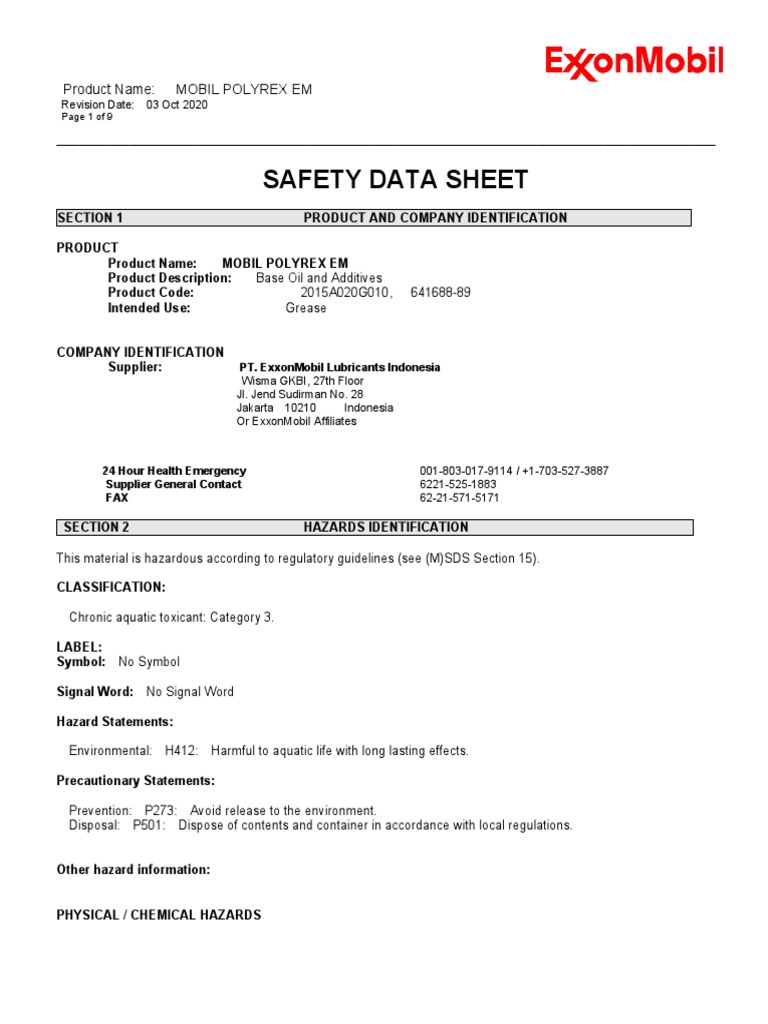 Safety Data Sheet: Product Name: Mobil Polyrex em | PDF | Toxicity ...