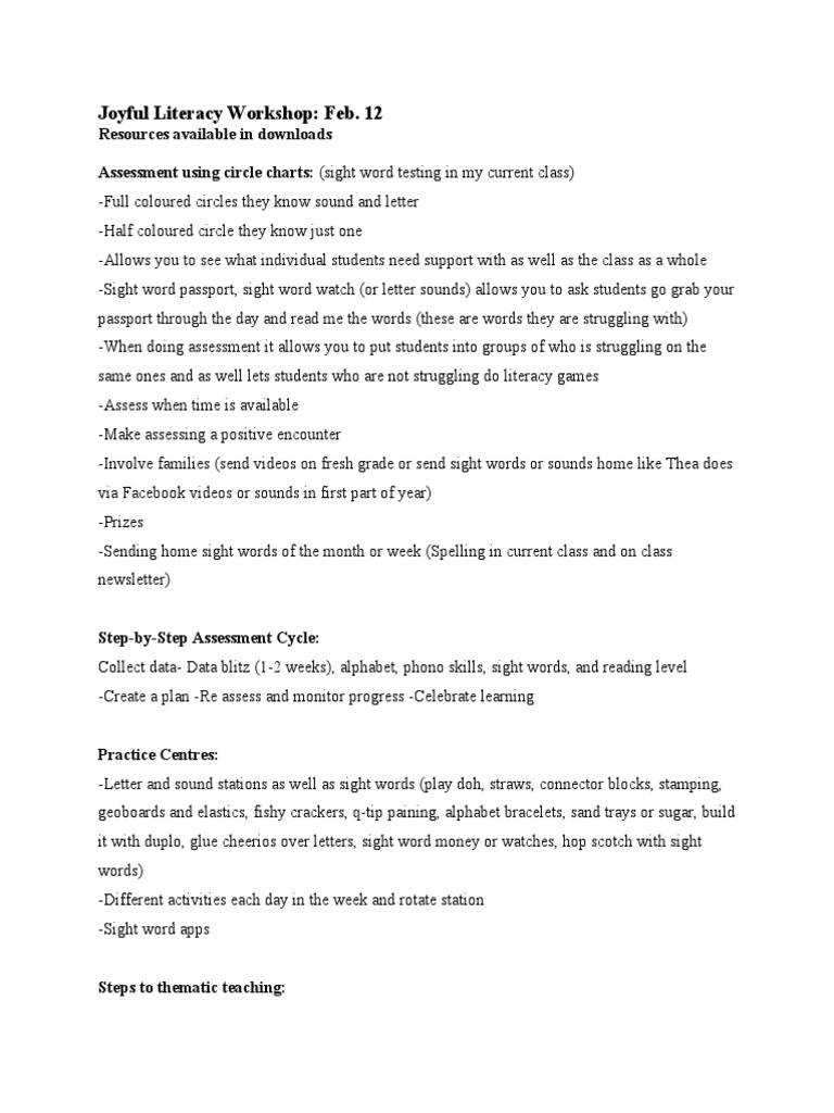 Joyful Literacy Workshop | PDF | Learning To Read | Teaching