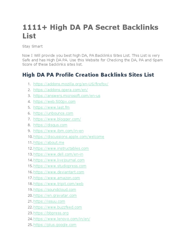 High DA PA Backlinks Sites List for SEO | PDF | Cyberspace | Social ...