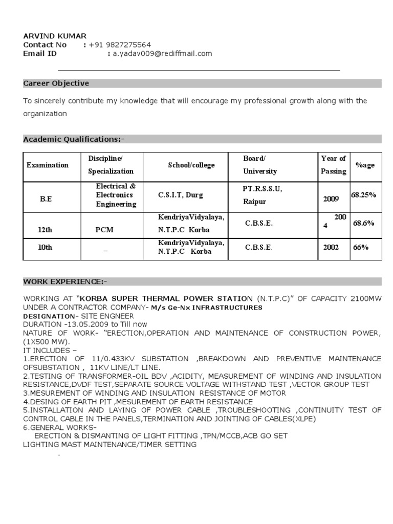 A Resume for Arvind Kumar Seeking a Career in Electrical Engineering ...