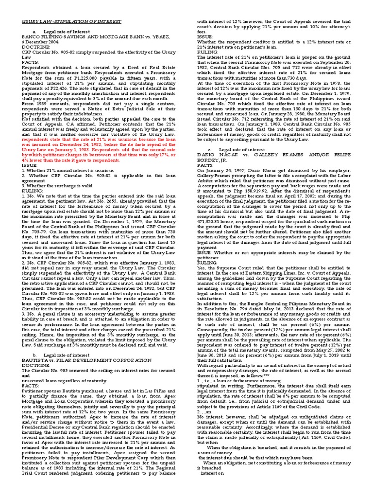 Usury Law - Stipulation of Interest | PDF | Foreclosure | Mortgage Law