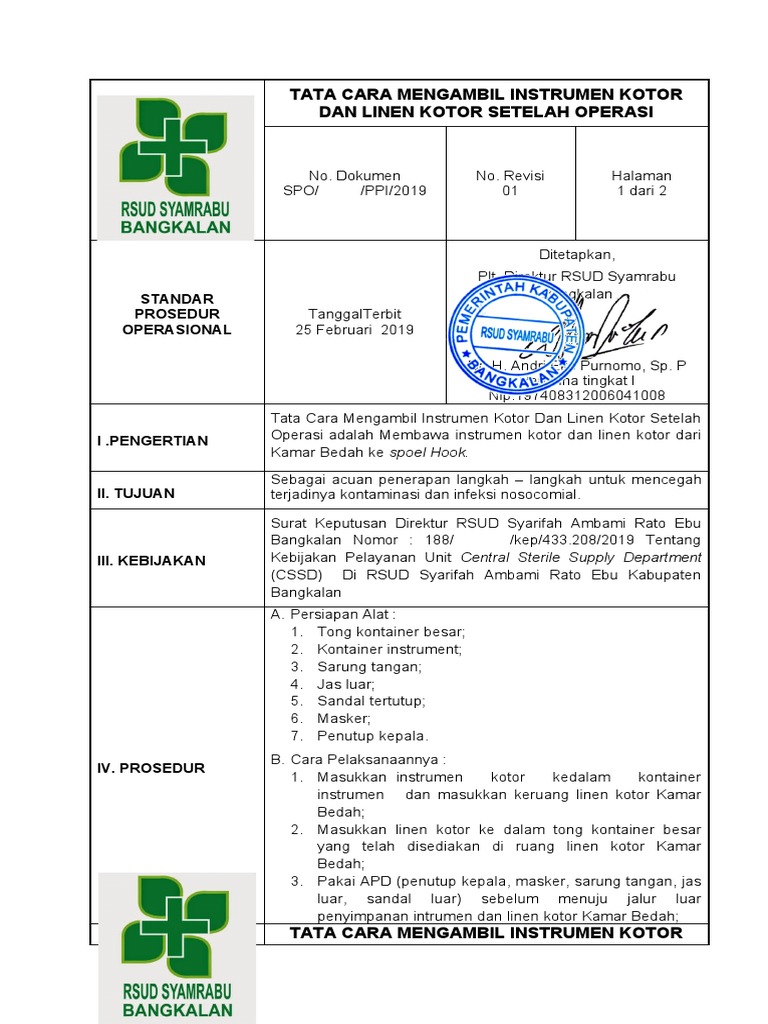 Spo Tata Cara Mengambil Instrumen Kotor Dan Linen Kotor Setelah Operasi ...