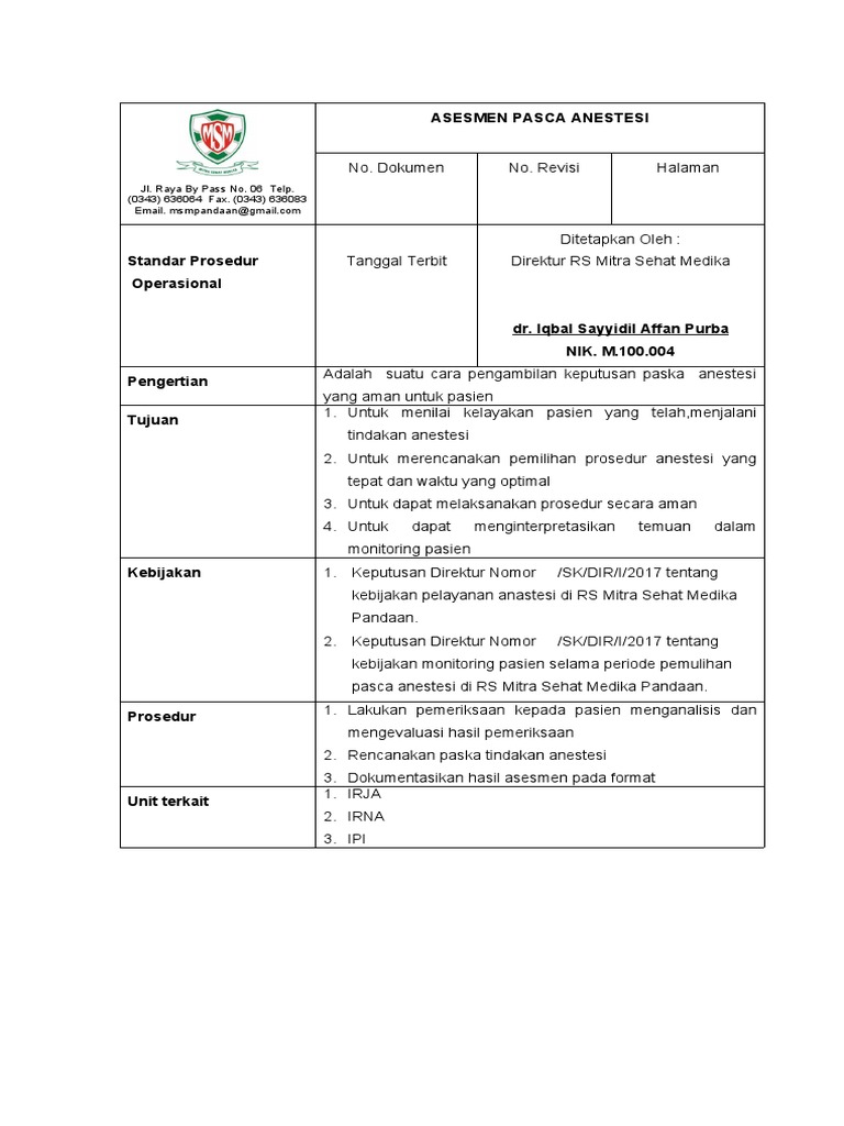 025 - Spo Asesmen Pasca Anestesi | PDF