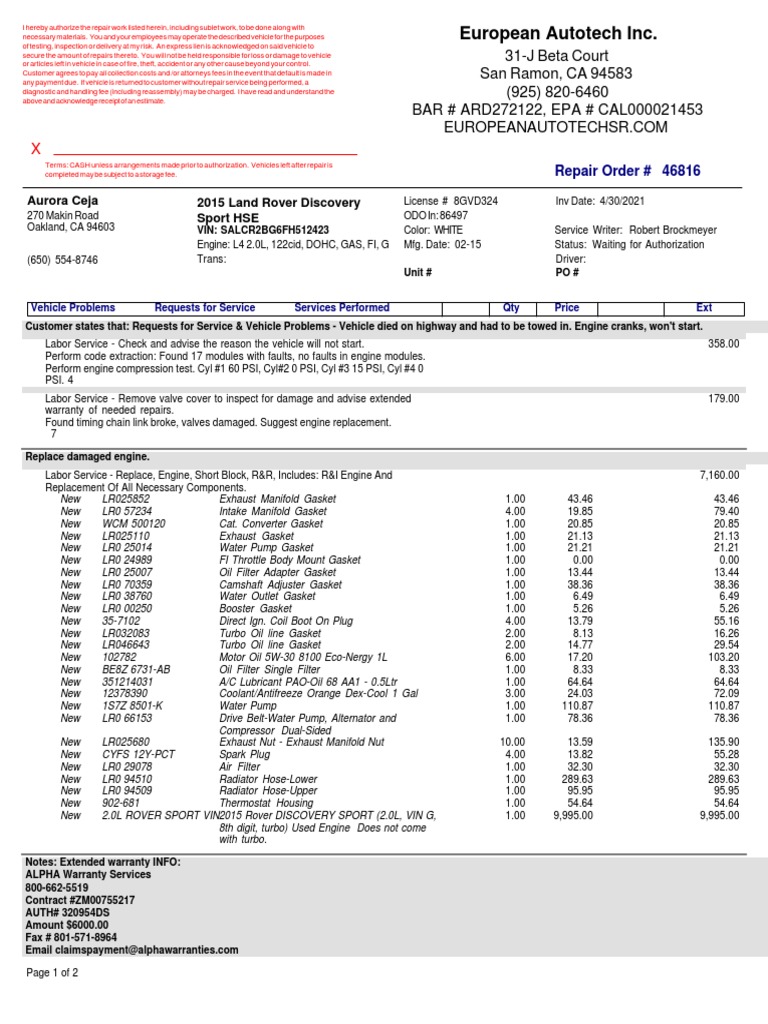 European Autotech Inc.: 31-J Beta Court San Ramon, CA 94583 (925) 820 ...