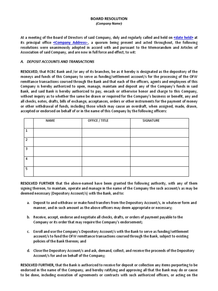 Sample Board Resolution Opening of Bank Account | PDF | Cheque | Banks
