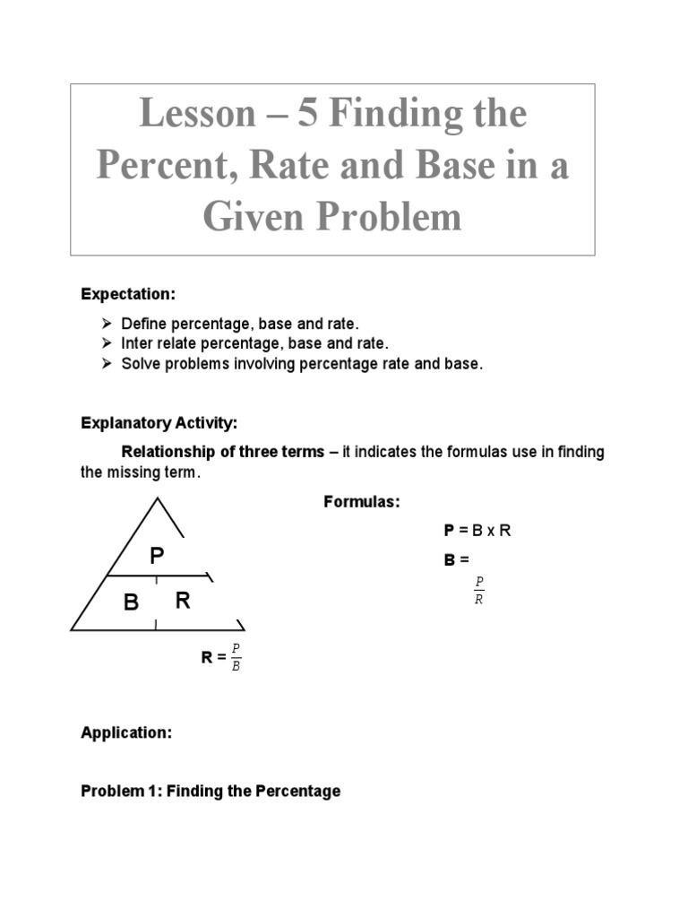 Lesson - 5 Finding The Percent, Rate and Base in A Given Problem | PDF ...