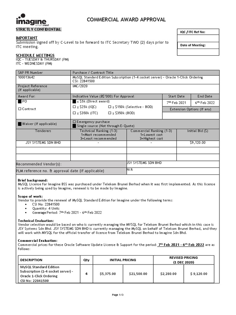 Commercial Award Approval: Strictly Confidential Important | PDF | My ...