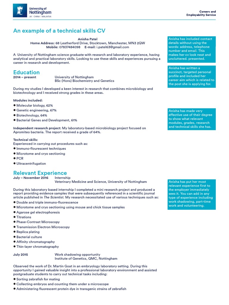 An Example of A Technical Skills CV | PDF | Microscope | Biotechnology