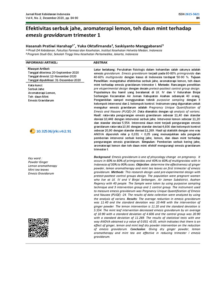 Efektivitas Serbuk Jahe, Aromaterapi Lemon, Teh Daun Mint Terhadap Emesis Gravidarum Trimester 1 ...