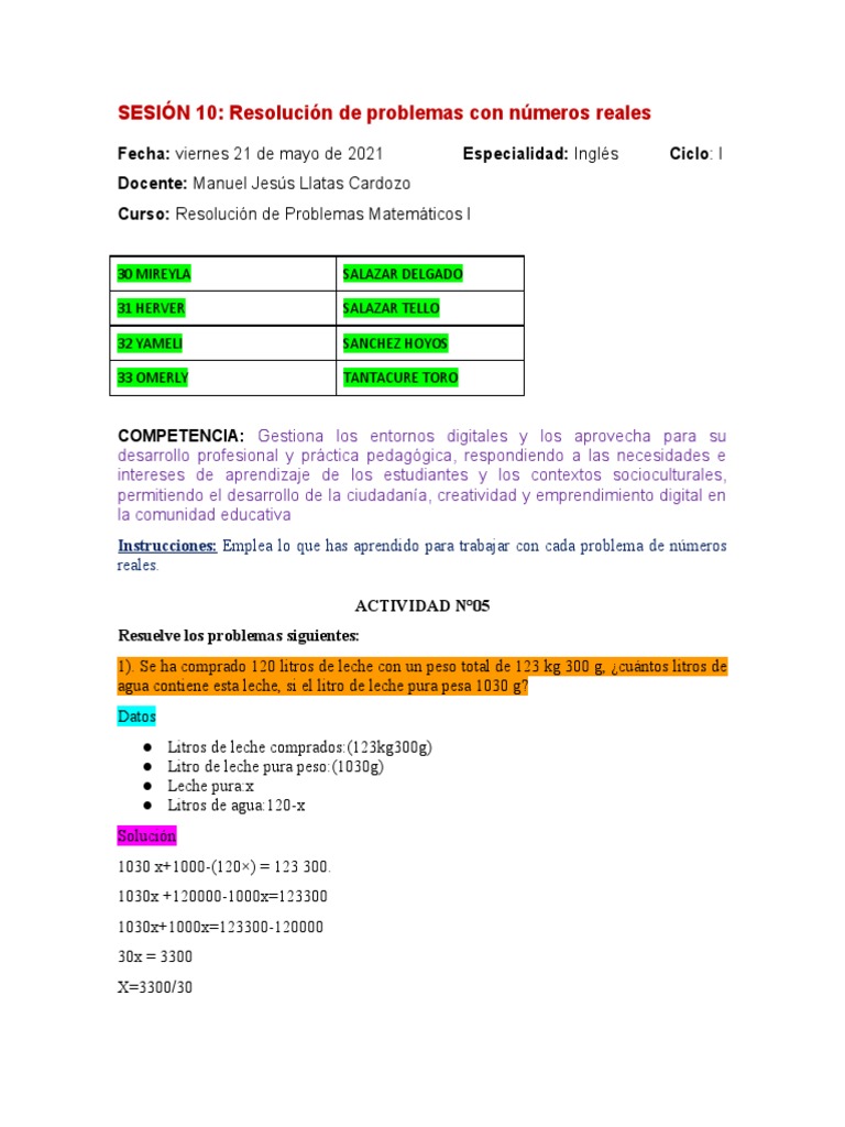 Sesión 10 - Resolución de Problemas Con Números Reales - Ciclo - I ...