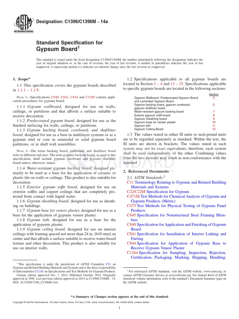 C 1396 - C 1396M - 14a Standard Specification For Gypsum Board | PDF ...