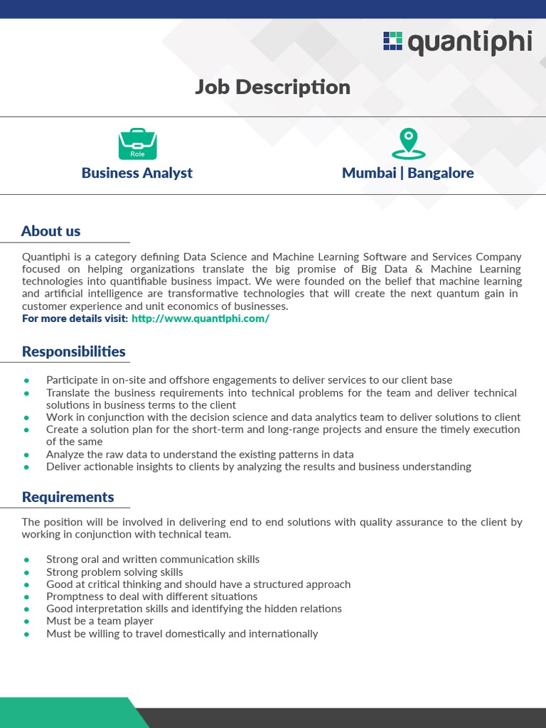 JD - Business Analyst of A Company | PDF | Big Data | Machine Learning