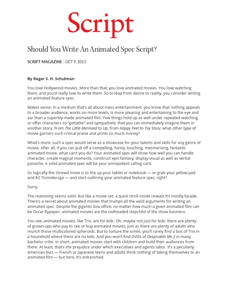 Writing Animated Spec Scripts: Pros & Cons | PDF | Animation | Cinema
