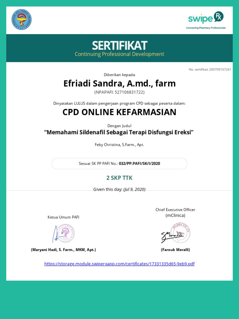 Sertifikat: Efriadi Sandra, A.md., Farm CPD Online Kefarmasian | PDF