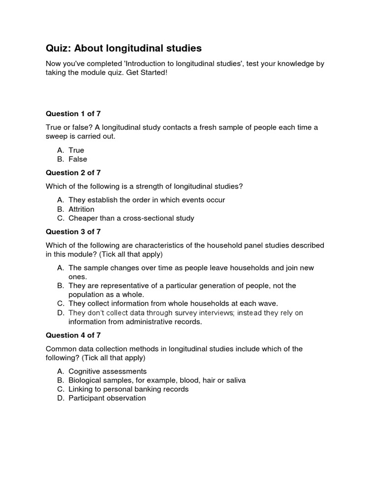 Quiz: About Longitudinal Studies: Question 1 of 7 | PDF | Cohort Study ...