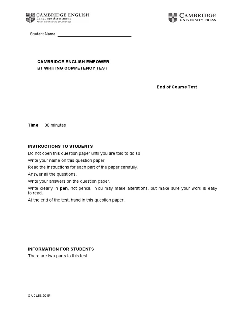 Cambridge English Empower B1 Writing Competency Test: Student Name | PDF