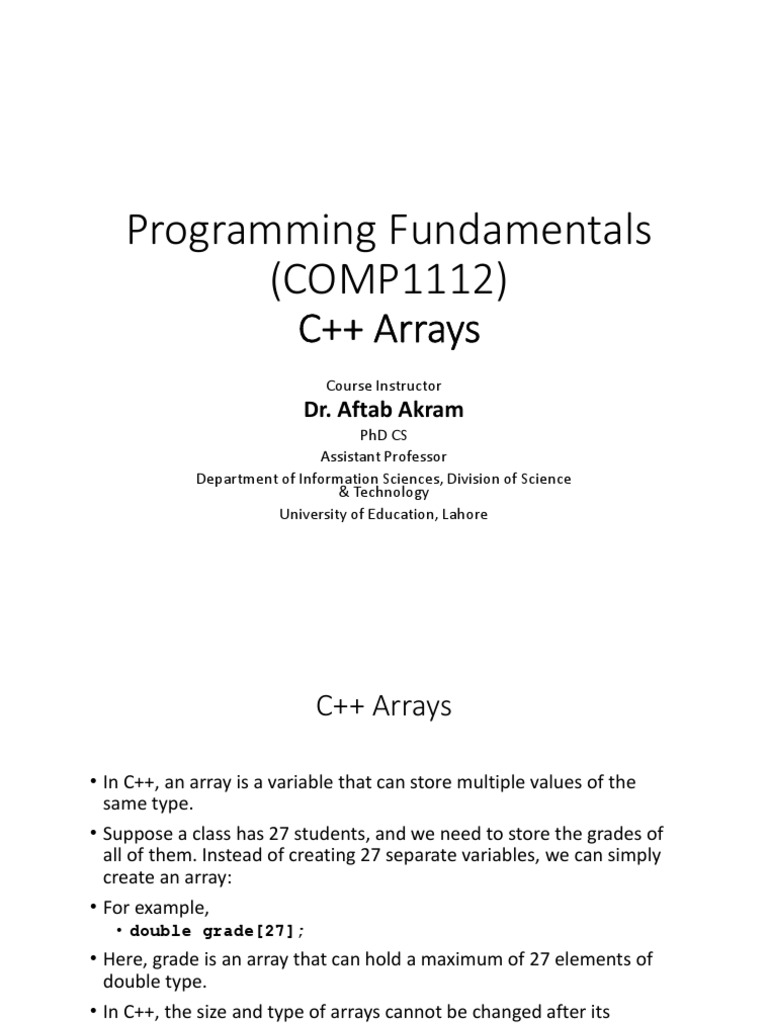 Programming Fundamentals Comp1112 C Arrays Pdf Array Data Structure Parameter 