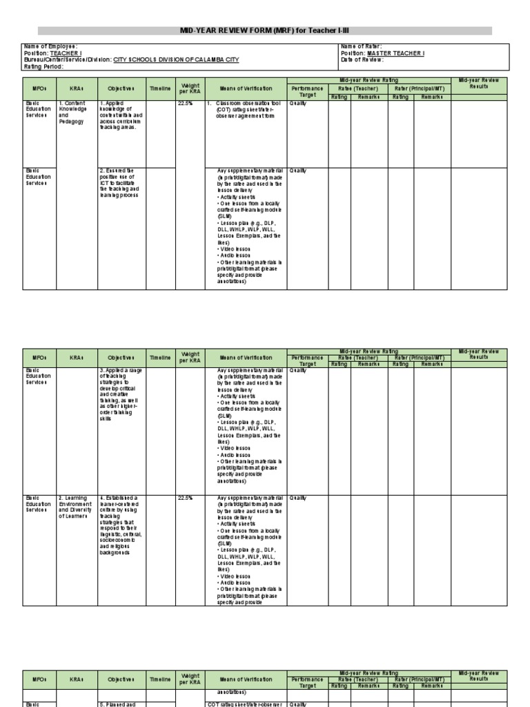 Mid Year Performance Review | PDF | Lesson Plan | Teachers