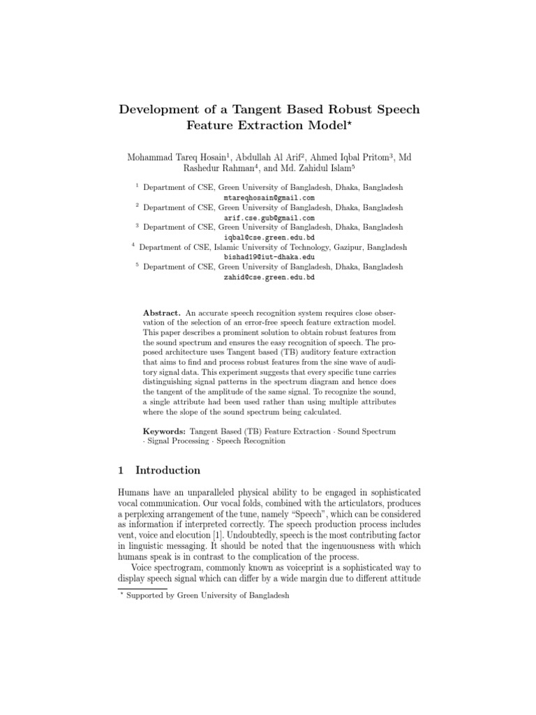 Development of A Tangent Based Robust Speech Feature Extraction Model ...
