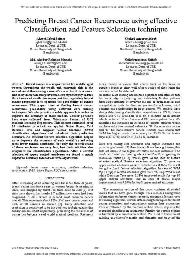 Predicting Breast Cancer Recurrence Using Effective Classification and Feature Selection ...