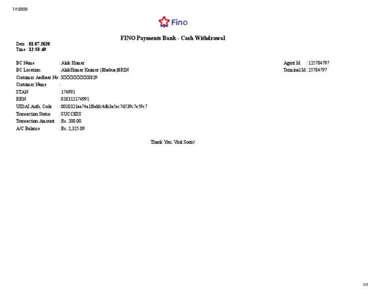 FINO Payments Bank - Cash Withdrawal | PDF