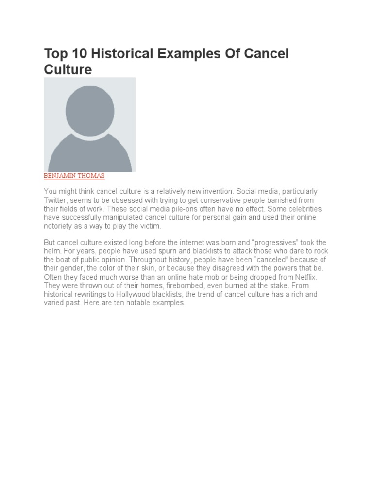Top 10 Historical Examples of Cancel Culture | PDF | Politics | Social ...