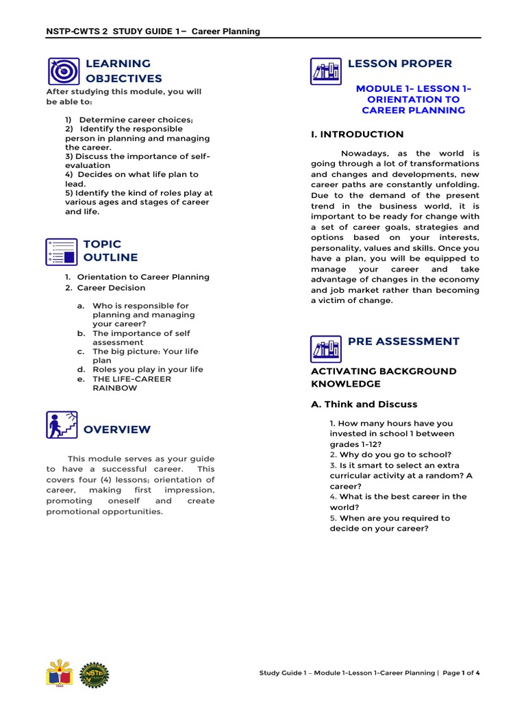 Study Guide 1 Module 1 Lesson 1 Career Planning | PDF | Human Nature ...