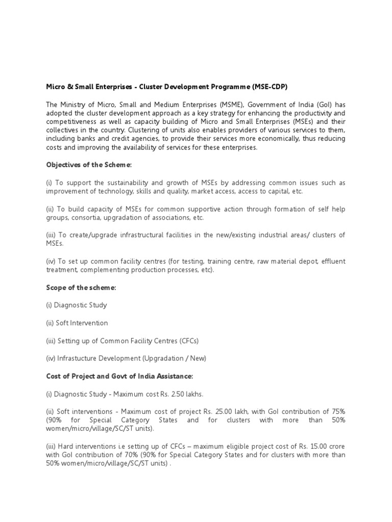Micro & Small Enterprises - Cluster Development Programme (MSE-CDP) | PDF | Economies | Business