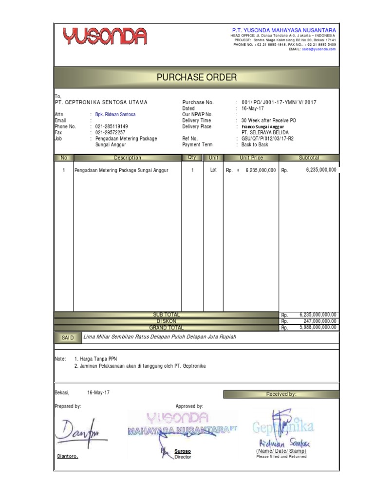 Purchase Order: No. Qty Unit Price Subtotal Description Unit | PDF | Indonesian Rupiah