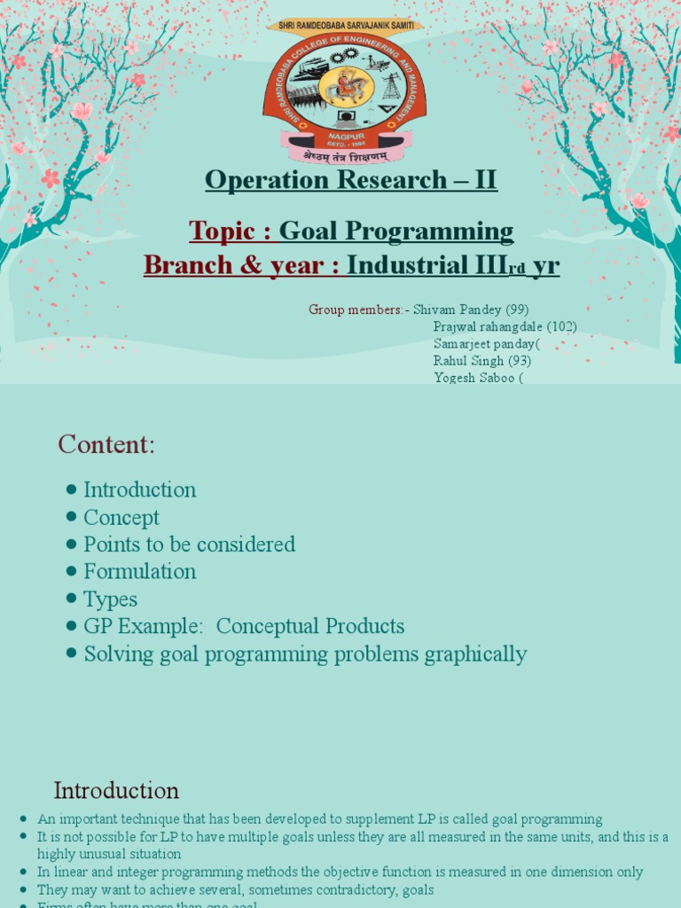 Operation Research - II Goal Programming Industrial III Yr: Topic ...