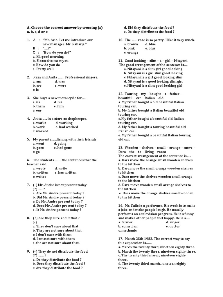 A. Choose The Correct Answer by Crossing (X) A, B, C, D or e | PDF