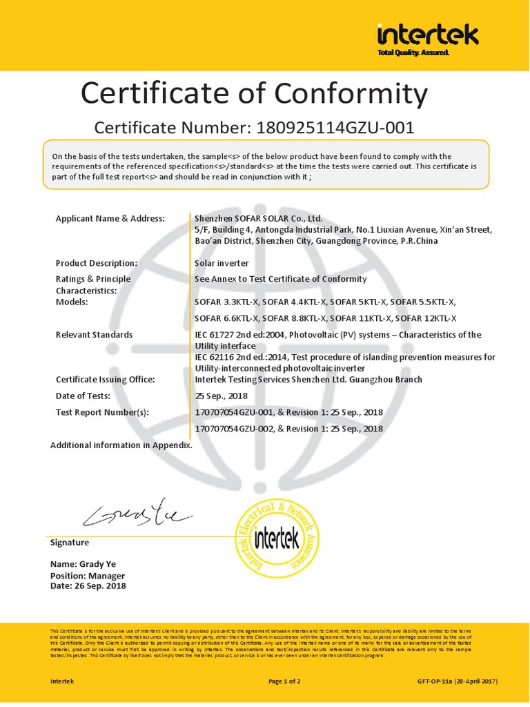 Intertek Certificate of Conformity | PDF | Renewable Energy ...